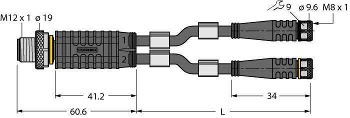 2-Way Splitter - Y-Splitter with Cable, Male M12 × 1 - 2x Female M8 × 1